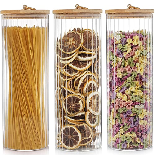 GoldArea Glass Spaghetti Storage Containers Airtight 3 PCS 70oz Food Storage Canisters Sets with Bamboo Lids Kitchen Pantry Storage Container for Pasta Noodles Flour Cereal Coffee Beans