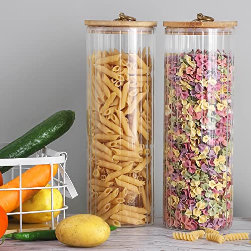 GoldArea Glass Spaghetti Storage Containers Airtight 3 PCS 70oz Food Storage Canisters Sets with Bamboo Lids Kitchen Pantry Storage Container for Pasta Noodles Flour Cereal Coffee Beans