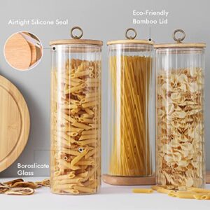 GoldArea Glass Spaghetti Storage Containers Airtight 3 PCS 70oz Food Storage Canisters Sets with Bamboo Lids Kitchen Pantry Storage Container for Pasta Noodles Flour Cereal Coffee Beans