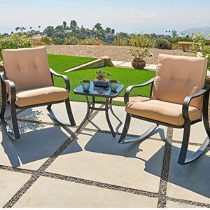 SUNCROWN Outdoor 3-Piece Rocking Chairs Patio Bistro Set Black Steel Furniture with Thickened Cushion and Glass-Top Coffee Table, Brown