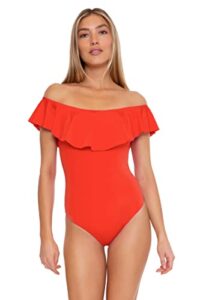 trina turk women's standard monaco ruffled one piece bandeau swimsuit-off shoulder, bathing suits, flame, 8