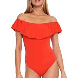 Trina Turk Women's Standard Monaco Ruffled One Piece Bandeau Swimsuit-Off Shoulder, Bathing Suits, Flame, 8