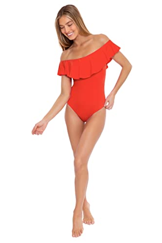 Trina Turk Women's Standard Monaco Ruffled One Piece Bandeau Swimsuit-Off Shoulder, Bathing Suits, Flame, 8