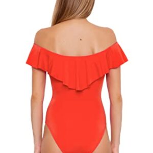 Trina Turk Women's Standard Monaco Ruffled One Piece Bandeau Swimsuit-Off Shoulder, Bathing Suits, Flame, 8