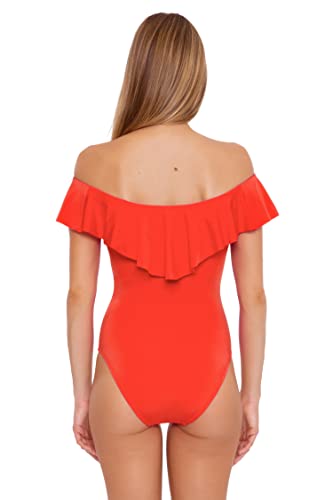 Trina Turk Women's Standard Monaco Ruffled One Piece Bandeau Swimsuit-Off Shoulder, Bathing Suits, Flame, 8