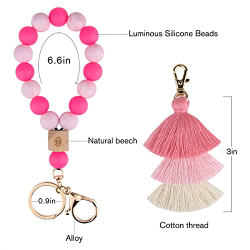 Bisanzoya Luminous Silicone Key Ring Bracelet with Tassel, Unique Wristlet Keychain Fluorescent Beaded Bangle Key Chains Glow in The Dark Accessories for Women Cute Luminous Pink