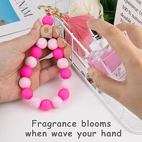 Bisanzoya Luminous Silicone Key Ring Bracelet with Tassel, Unique Wristlet Keychain Fluorescent Beaded Bangle Key Chains Glow in The Dark Accessories for Women Cute Luminous Pink