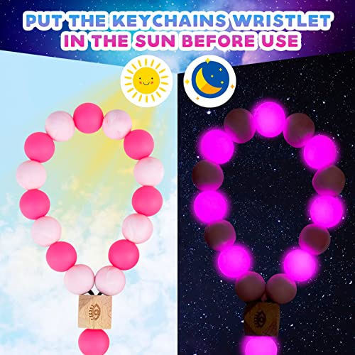 Bisanzoya Luminous Silicone Key Ring Bracelet with Tassel, Unique Wristlet Keychain Fluorescent Beaded Bangle Key Chains Glow in The Dark Accessories for Women Cute Luminous Pink