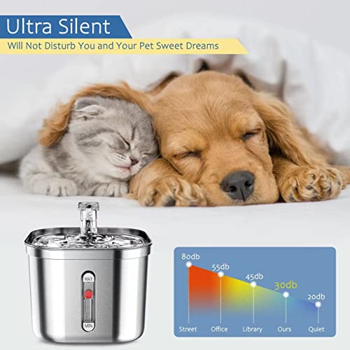 MISFANS Pet Water Fountain Stainless Steel,74oz/2.2L Automatic Water Dispenser with Water Level, Replacement Filter Kit and Silicone Mat Suitable for Cat, Dogs