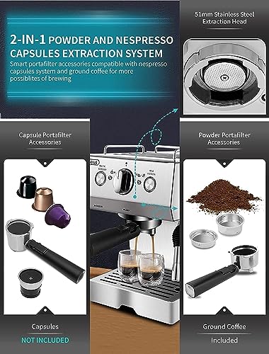 Espresso Machines 15 Bar with Adjustable Milk Frother Wand Expresso Coffee Machine for Cappuccino, Latte, Mocha, Machiato, 1.5L Removable Water Tank, Double Temperature Control System, 1100W, Black