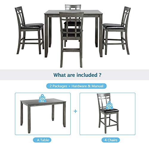 Merax 5-Piece Wooden Dining Set, Counter Height Dining Table Set with 4 Chairs and Footrest, Dining Table and Chair Set for Dining Room, Pub and Bistro, Antique Graywash