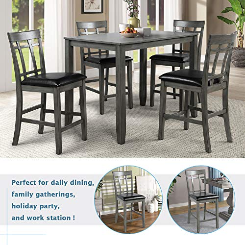 Merax 5-Piece Wooden Dining Set, Counter Height Dining Table Set with 4 Chairs and Footrest, Dining Table and Chair Set for Dining Room, Pub and Bistro, Antique Graywash