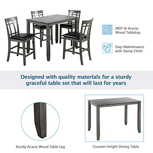 Merax 5-Piece Wooden Dining Set, Counter Height Dining Table Set with 4 Chairs and Footrest, Dining Table and Chair Set for Dining Room, Pub and Bistro, Antique Graywash