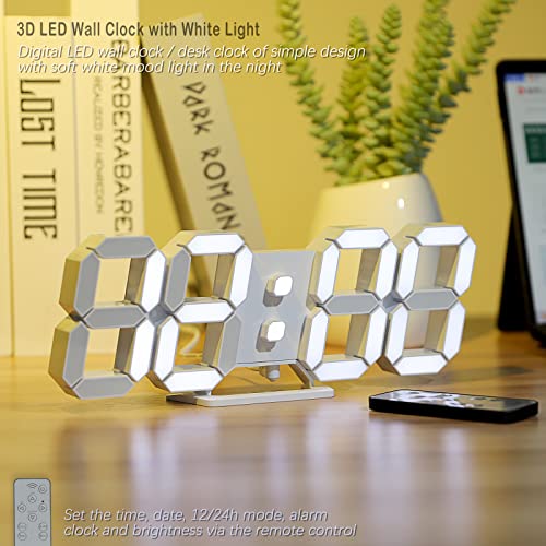 KOSUMOSU 3D LED Digital Wall Clock ,9.7", Large Display Table/ Desk Clock with Remote Control 12/24H Temperature (White Light)