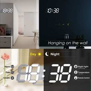 KOSUMOSU 3D LED Digital Wall Clock ,9.7", Large Display Table/ Desk Clock with Remote Control 12/24H Temperature (White Light)