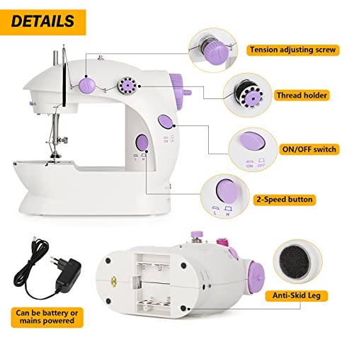 Mini Sewing Machine Dual Speed Portable Sewing Machine with Extension Table Foot Pedal Household Electric Small Sewing Machine for Beginner Kids Women Fabrics Clothing Home Travel - Purple