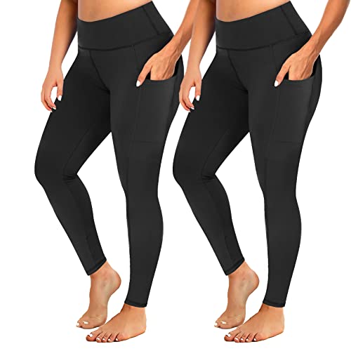 YOLIX 2 Pack Plus Size Leggings with Pockets for Women, 2X 3X 4X High Waisted Black Workout Leggings