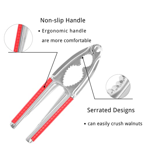 Nut Crackers Walnut Cracker Heavy Duty Shell Cracker Seafood Cracker Walnut Opener Tool with with Red Non-slip Handle, with 2 Pcs Forks/Picks