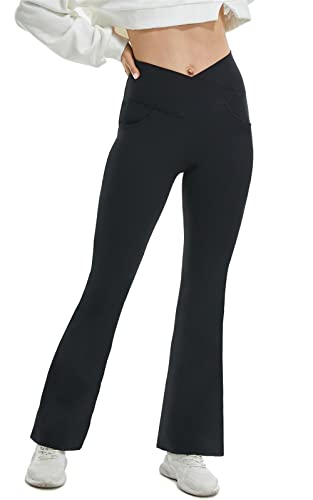 TOPYOGAS Womens Casual Flare Leggings with Pocket Bootleg Yoga Pants Crossover Hight Waisted Workout Pants Black