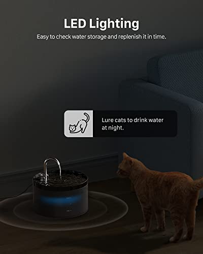 Cat Water Fountain, GIOTOHUN Faucet-Shaped 67oz/2L Cat Fountain, Super Silent , Built-In Led Light, Activated Carbon Filter, Translucent Water Tank, Suitable for Multiple Pets, Black