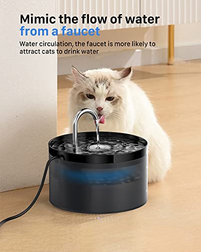 Cat Water Fountain, GIOTOHUN Faucet-Shaped 67oz/2L Cat Fountain, Super Silent , Built-In Led Light, Activated Carbon Filter, Translucent Water Tank, Suitable for Multiple Pets, Black