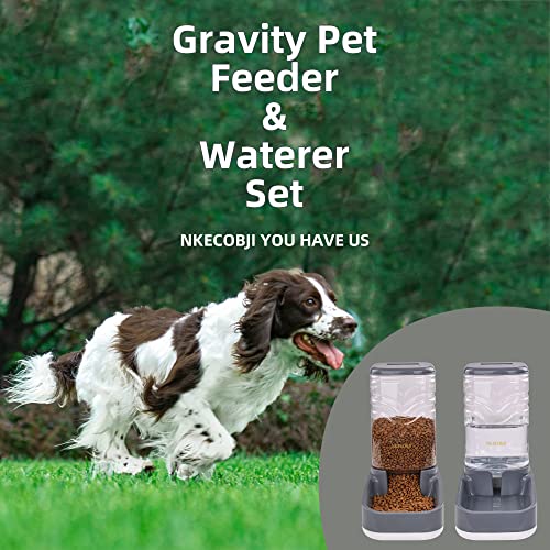 NKECOBJI Automatic Pets Feeder and Water Dispenser Set,Gravity Food Feeder and Waterer Set with Pet Food Bowl,Easily Clean Self Feeding for Small Large Pets Dogs Cats Large Capacity(3.8L)