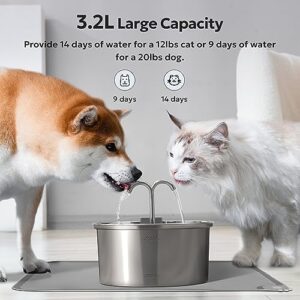 EOX Cat Water Fountain Stainless Steel, 3.2L/108oz Automatic Pet Water Fountain Dog Water Dispenser Water Bowl with 3 Replacement Filters, Ultra-Quiet Pump, 1 Waterproof Mat and 1 Cleaning Brush