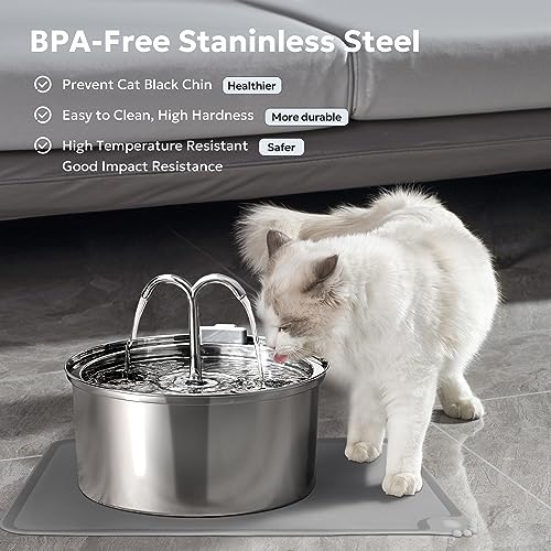 EOX Cat Water Fountain Stainless Steel, 3.2L/108oz Automatic Pet Water Fountain Dog Water Dispenser Water Bowl with 3 Replacement Filters, Ultra-Quiet Pump, 1 Waterproof Mat and 1 Cleaning Brush