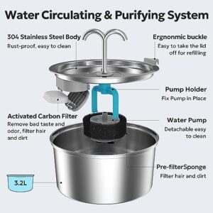 EOX Cat Water Fountain Stainless Steel, 3.2L/108oz Automatic Pet Water Fountain Dog Water Dispenser Water Bowl with 3 Replacement Filters, Ultra-Quiet Pump, 1 Waterproof Mat and 1 Cleaning Brush