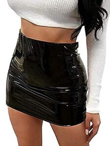 michellecmm women's neon leather mini skirt pu bodycon pencil sexy slim high waist elastic pencil latex skirt party clubwear (aa black, m)