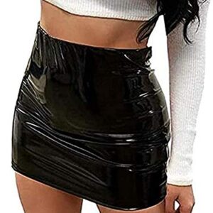 Michellecmm Women's Neon Leather Mini Skirt PU Bodycon Pencil Sexy Slim High Waist Elastic Pencil Latex Skirt Party Clubwear (Aa Black, M)