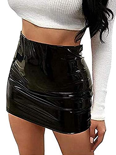 Michellecmm Women's Neon Leather Mini Skirt PU Bodycon Pencil Sexy Slim High Waist Elastic Pencil Latex Skirt Party Clubwear (Aa Black, M)