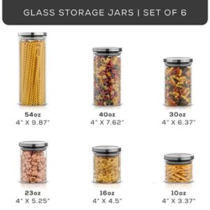 JoyJolt Kitchen Canister Set. 6 Glass Jars with Lids (Stainless Steel) Lids. Airtight Food Storage Containers for Pantry or Counter. Versatile Pantry Organization, Sugar Container or Cereal Canisters