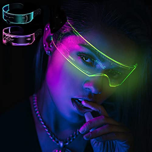 Dolmtop 2 Pairs LED Light Up Glasses,Cyberpunk Glasses,7 Colors and 5 Modes Switching,Luminous Glasses for Kids Adults(Ares Tech Glasses)