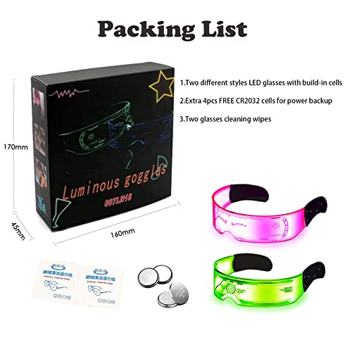 Dolmtop 2 Pairs LED Light Up Glasses,Cyberpunk Glasses,7 Colors and 5 Modes Switching,Luminous Glasses for Kids Adults(Ares Tech Glasses)