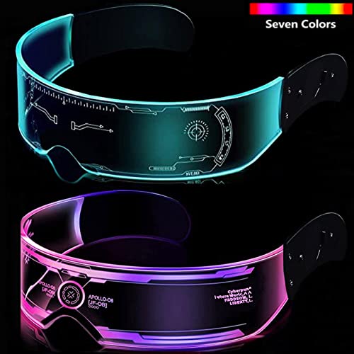 Dolmtop 2 Pairs LED Light Up Glasses,Cyberpunk Glasses,7 Colors and 5 Modes Switching,Luminous Glasses for Kids Adults(Ares Tech Glasses)