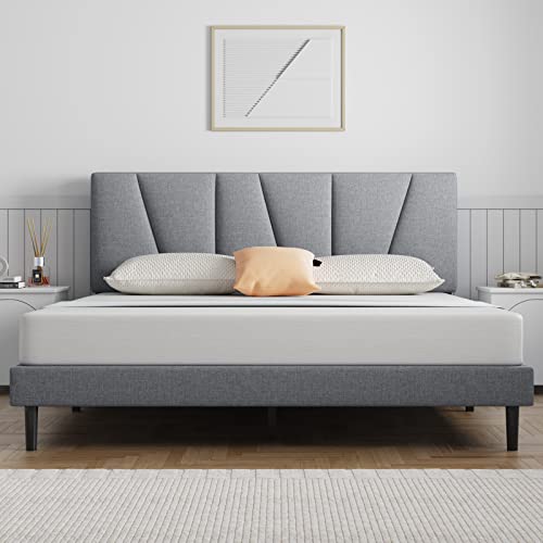 Molblly Full Bed Frame Upholstered Platform with Headboard and Strong Wooden Slats, Strong Weight Capacity, Non-Slip and Noise-Free,No Box Spring Needed, Easy Assembly,Light Gray Full Bed