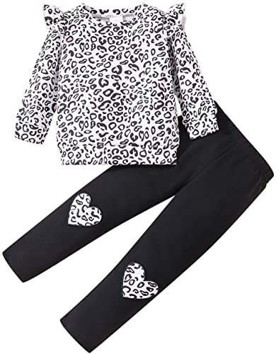 RETSUGO Little Girls 2 Piece Outfits White Leopard Aop Sweatshirts Ruffle Sleeve Toddler Shirt and Leggings Set Kids Clothes Girls Picture Day Outfits for School 8-9 Years old/6627