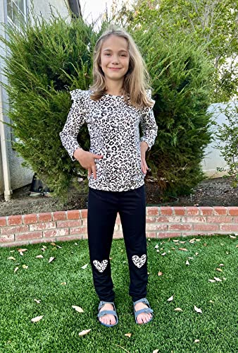 RETSUGO Little Girls 2 Piece Outfits White Leopard Aop Sweatshirts Ruffle Sleeve Toddler Shirt and Leggings Set Kids Clothes Girls Picture Day Outfits for School 8-9 Years old/6627