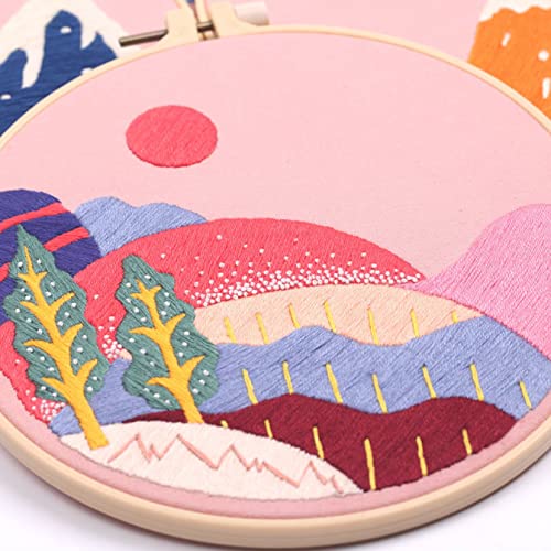 GEZHOUBA 4 Set Embroidery Starters Kit with Pattern for Beginners, DIY Cross Stitch Kit for Adults with Mountains Pattern,Embroidery Kit for Beginners Included Embroidery Hoops Threads Needles