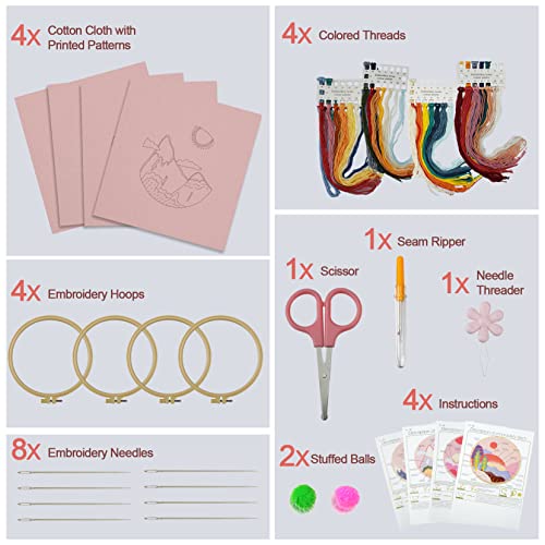 GEZHOUBA 4 Set Embroidery Starters Kit with Pattern for Beginners, DIY Cross Stitch Kit for Adults with Mountains Pattern,Embroidery Kit for Beginners Included Embroidery Hoops Threads Needles