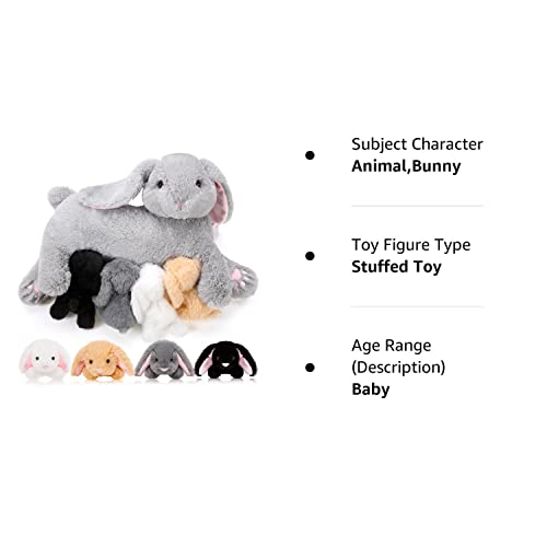 HyDren Nursing Bunnies Stuffed Animal Set: Soft, Cuddly Plush Mommy & 4 Baby Rabbits Toy for Kids (Gray)