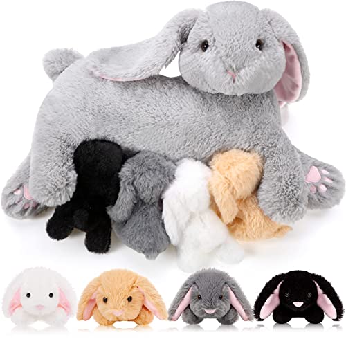 HyDren Nursing Bunnies Stuffed Animal Set: Soft, Cuddly Plush Mommy & 4 Baby Rabbits Toy for Kids (Gray)