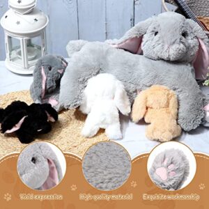 HyDren Nursing Bunnies Stuffed Animal Set: Soft, Cuddly Plush Mommy & 4 Baby Rabbits Toy for Kids (Gray)