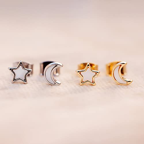 Pura Vida Gold Moon & Star Stud Earrings - Handmade Earrings with White Shell, Boho Earrings - Sterling Silver Earrings for Women, Statement Earrings for Women, Boho Jewelry for Women - 1 Pair