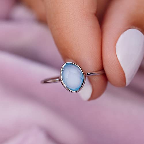 Pura Vida Ring Silver Organic Stone Ring - Handmade Ring with Blue Chalcedony, Brass Base with Rhodium Plating - Silver Rings for Women, Cute Rings for Teen Girls, Boho Jewelry for Women - Size 8