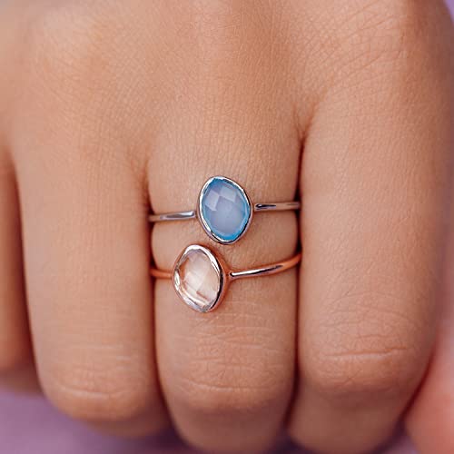 Pura Vida Ring Silver Organic Stone Ring - Handmade Ring with Blue Chalcedony, Brass Base with Rhodium Plating - Silver Rings for Women, Cute Rings for Teen Girls, Boho Jewelry for Women - Size 8