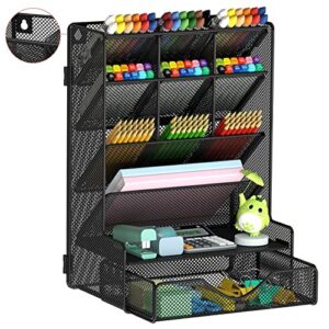 bohdk pen organizer for desk, multi-functional desk organizer, wall mount pen holder with drawer for school, office, home, art supplies, black