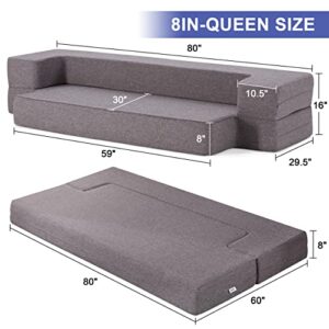 Lazyzizi Floor Fold Out Couch Bed with 2 Pillows & Washable Cover Convertible Sleeper Folding Guest Sofa Mattress for Living Room, Playroom 8inches Queen