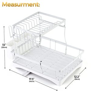 Dish Drying Rack for Kitchen Counter, 2-Tier Dish Racks with Drainboard, Large Capacity Dish Drainer Organizer Shelf with Utensil Holder, Wine Glass Holder（White）